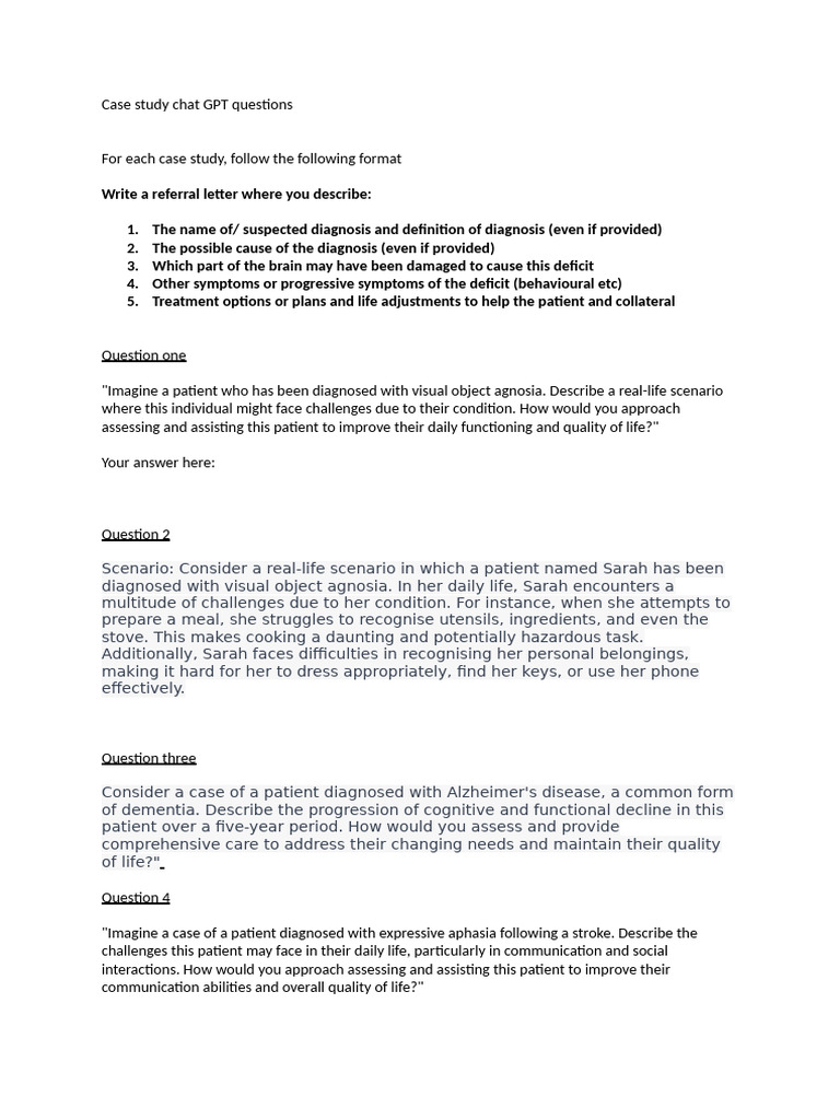 Case Study Questions Neuropsychology. | PDF | Aphasia | Traumatic Brain ...
