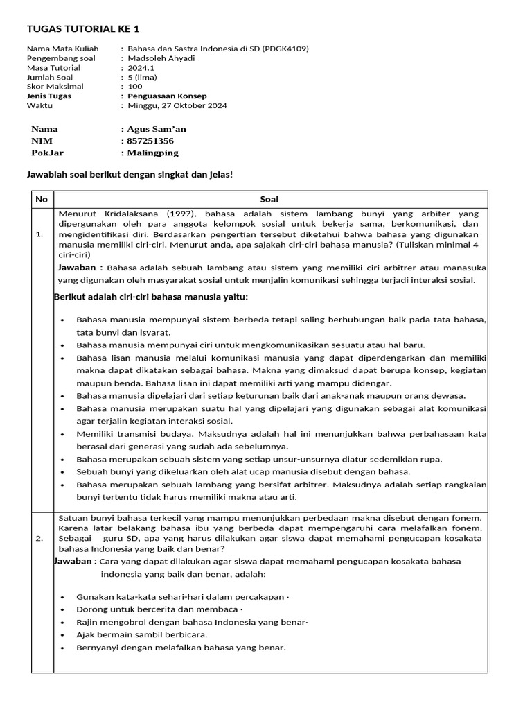 Soal - Tugas 1 Bahasa Dan Sastra | PDF