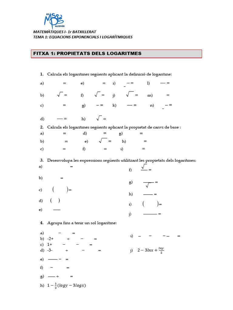 Fitxa 1 - Propietats Dels Logaritmes | PDF