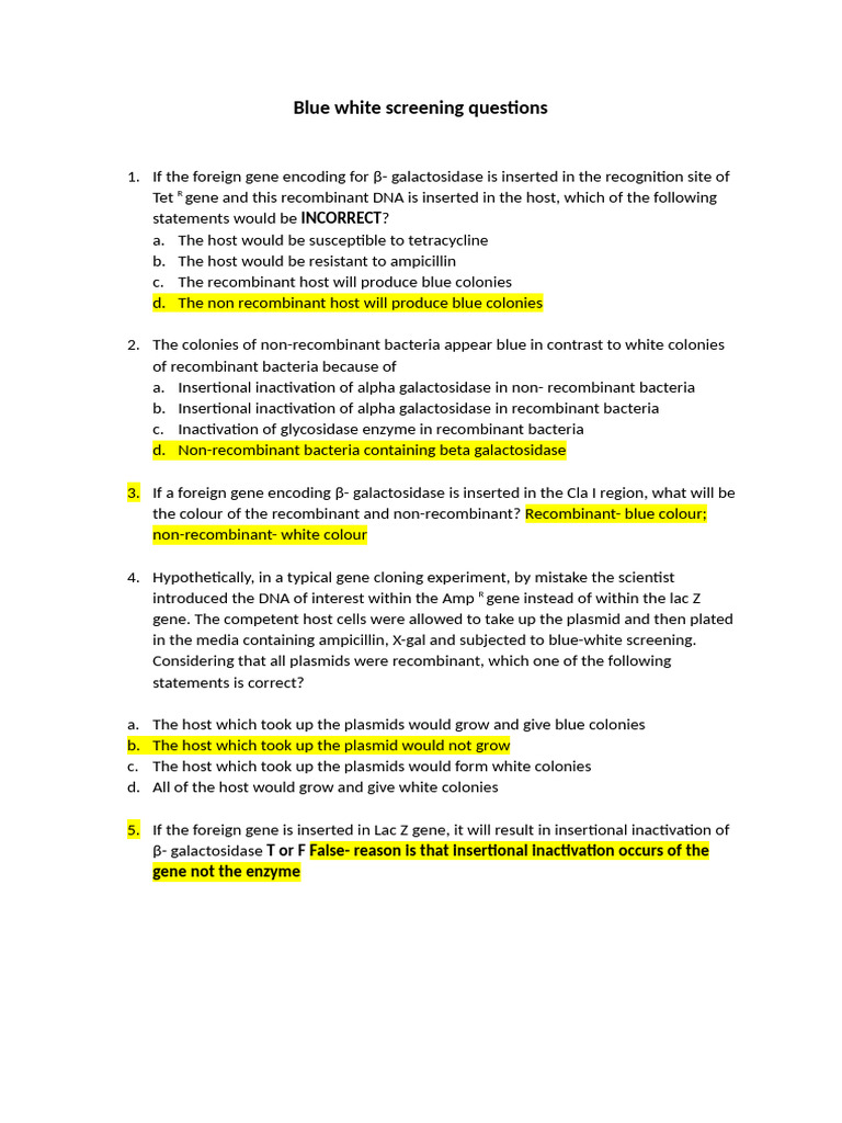 Blue White Screening Questions Answer Key | PDF