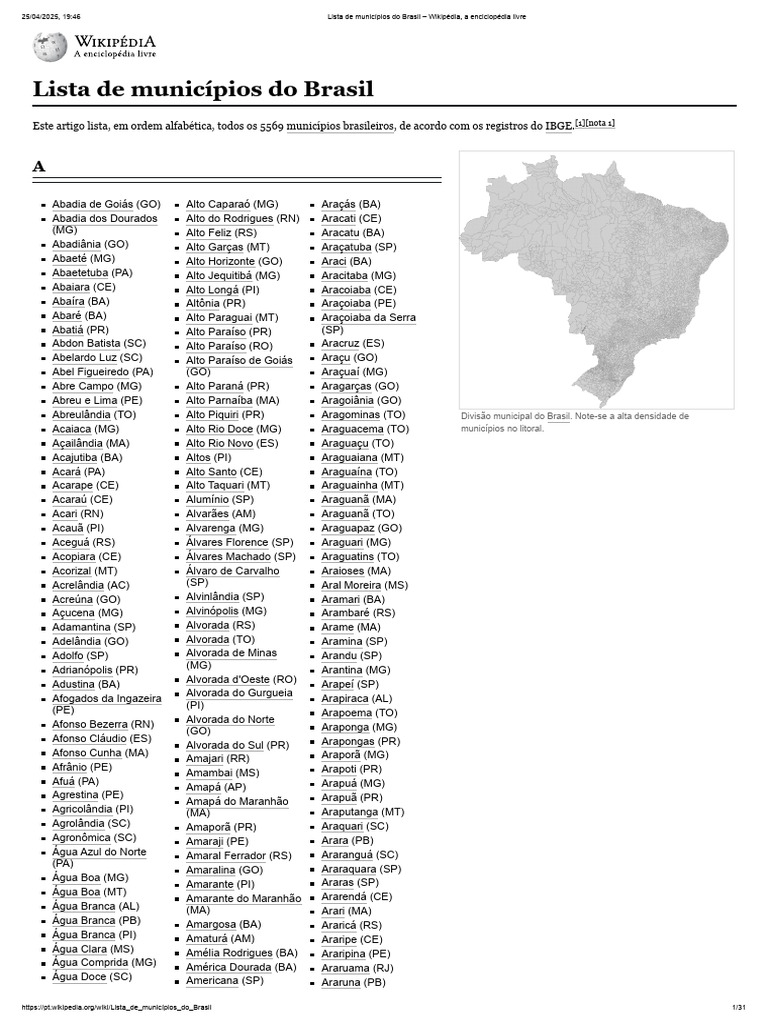 Lista de municípios do Brasil – Wikipédia, a enciclopédia livre | PDF