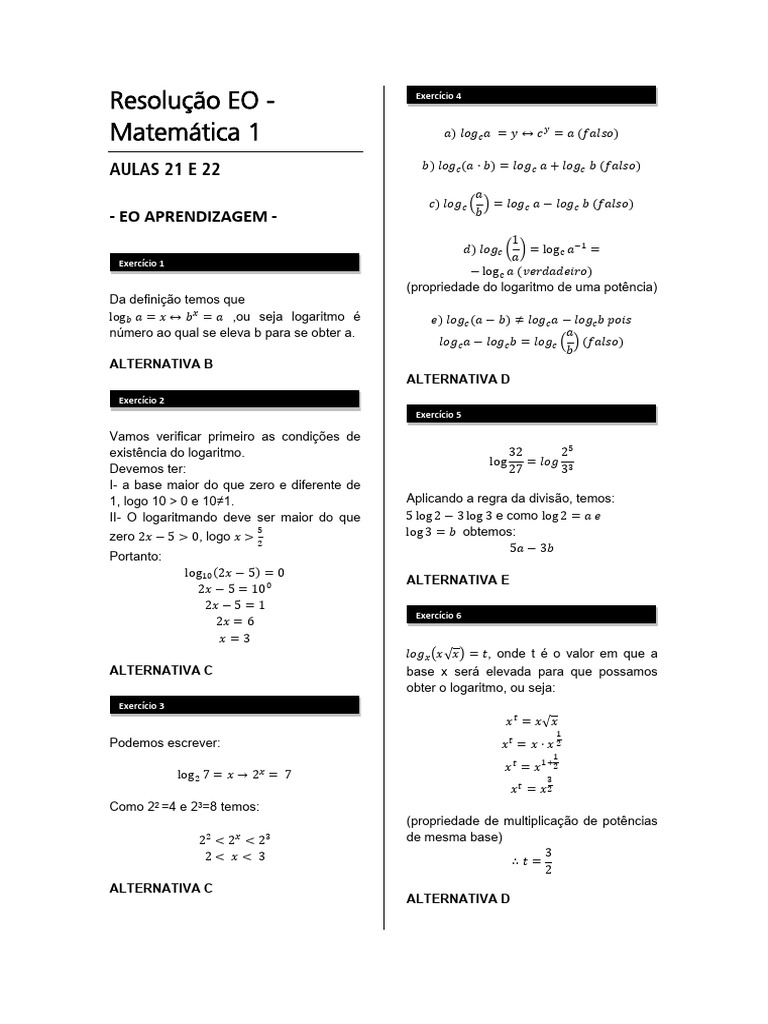 Matemática 1 - Aulas 21 e 22 - EO RES | PDF | Logaritmo | Matemática