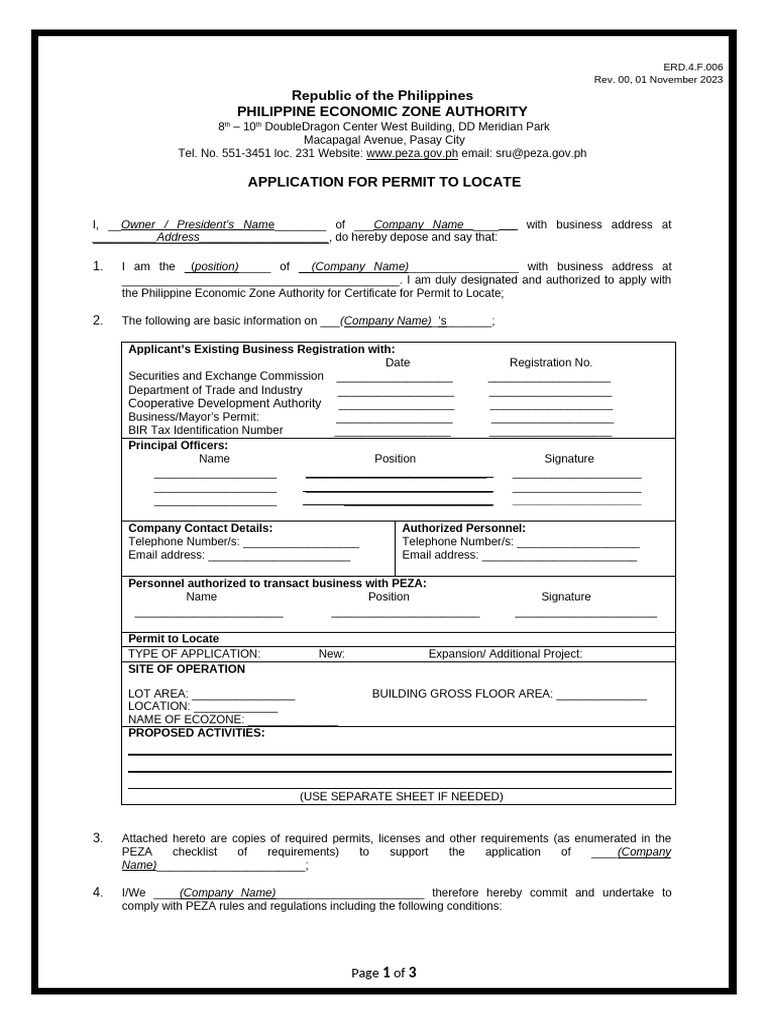 PEZA Permit Application Form | PDF | Taxes | Economies