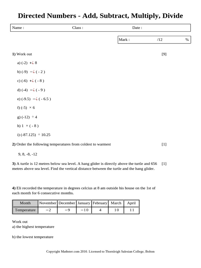 Directed Numbers - Add, Subtract, Multiply, Divide - 1 | PDF