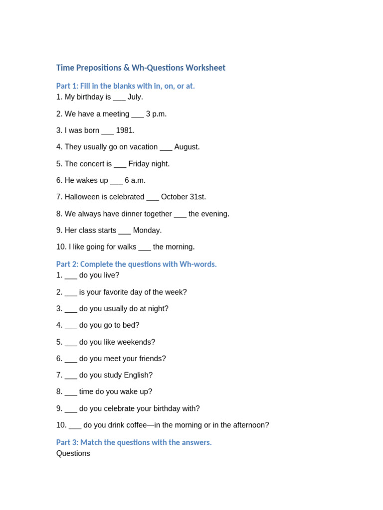 Time Prepositions WH Questions Worksheet | PDF