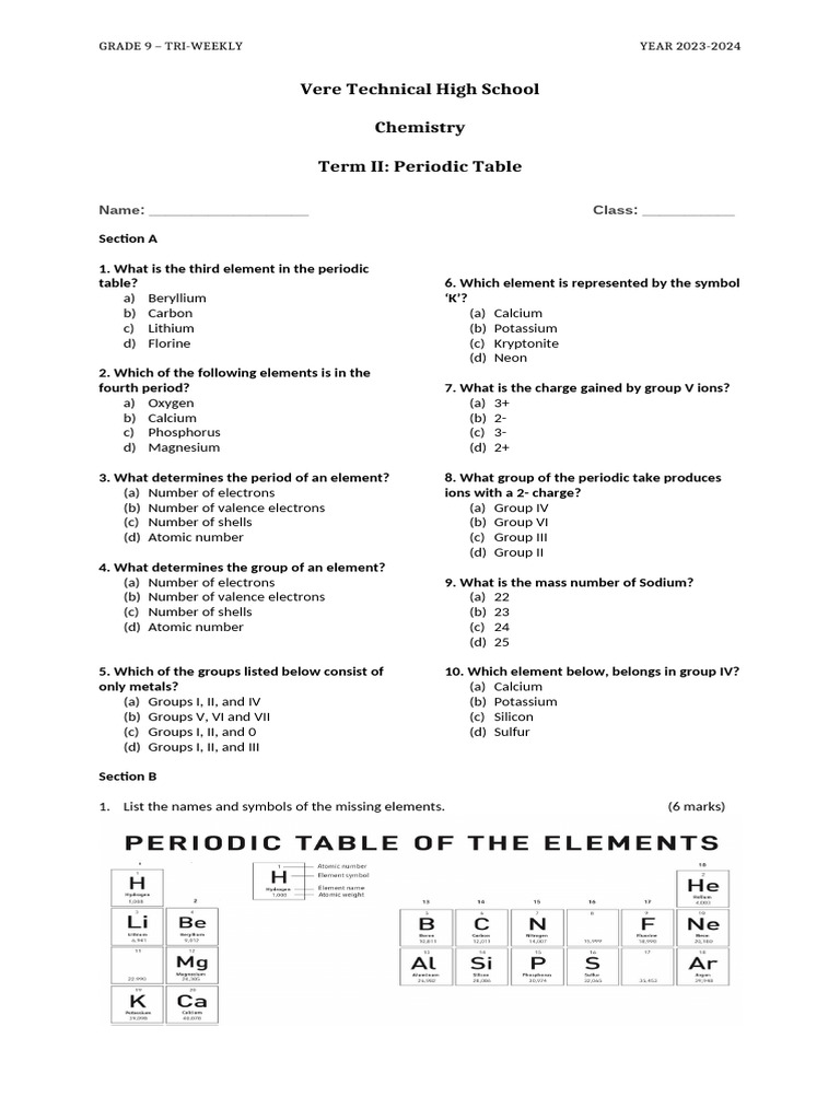 Grade 9 Chemistry: Periodic Table Quiz | PDF | Chemical Elements ...