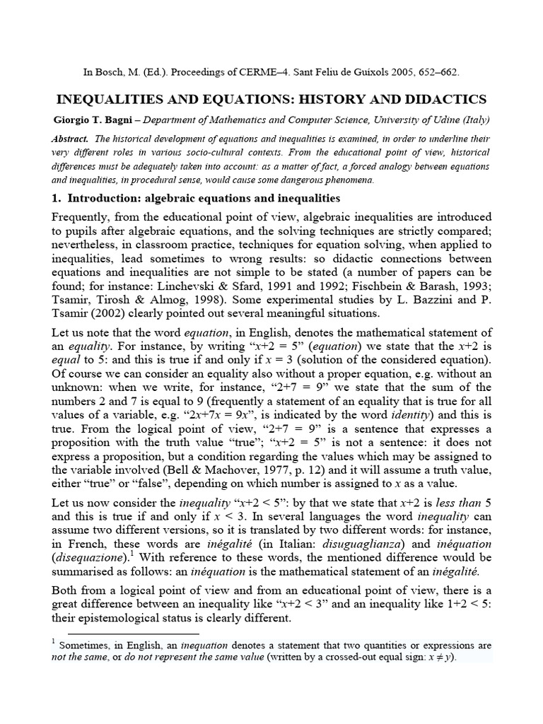 Inequalities and Equations History and Didactics | PDF | Equations ...