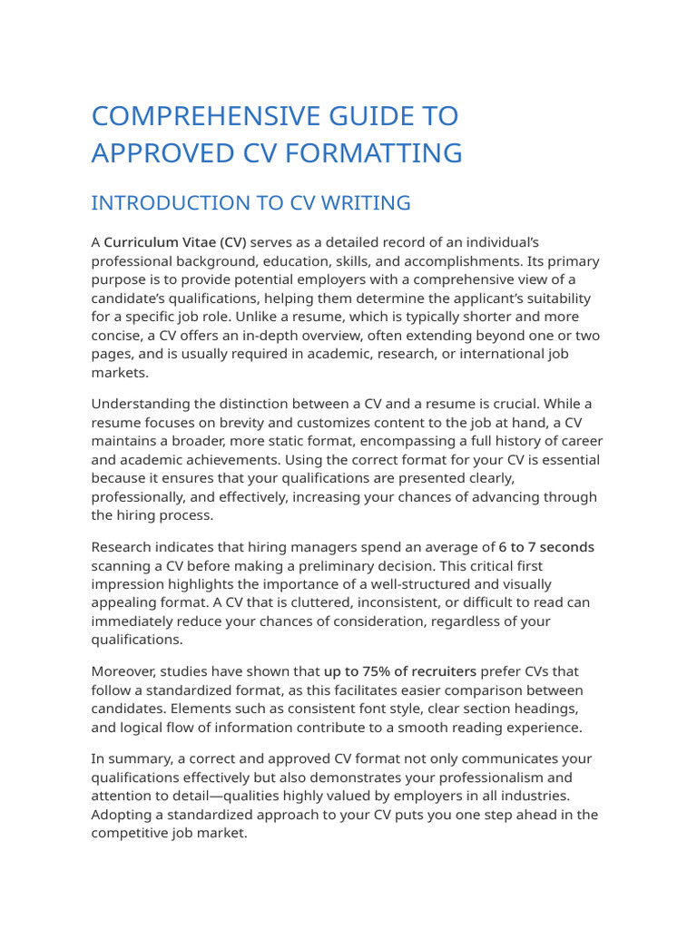 Comprehensive Guide To Approved CV Formatting | PDF | Typefaces | Résumé