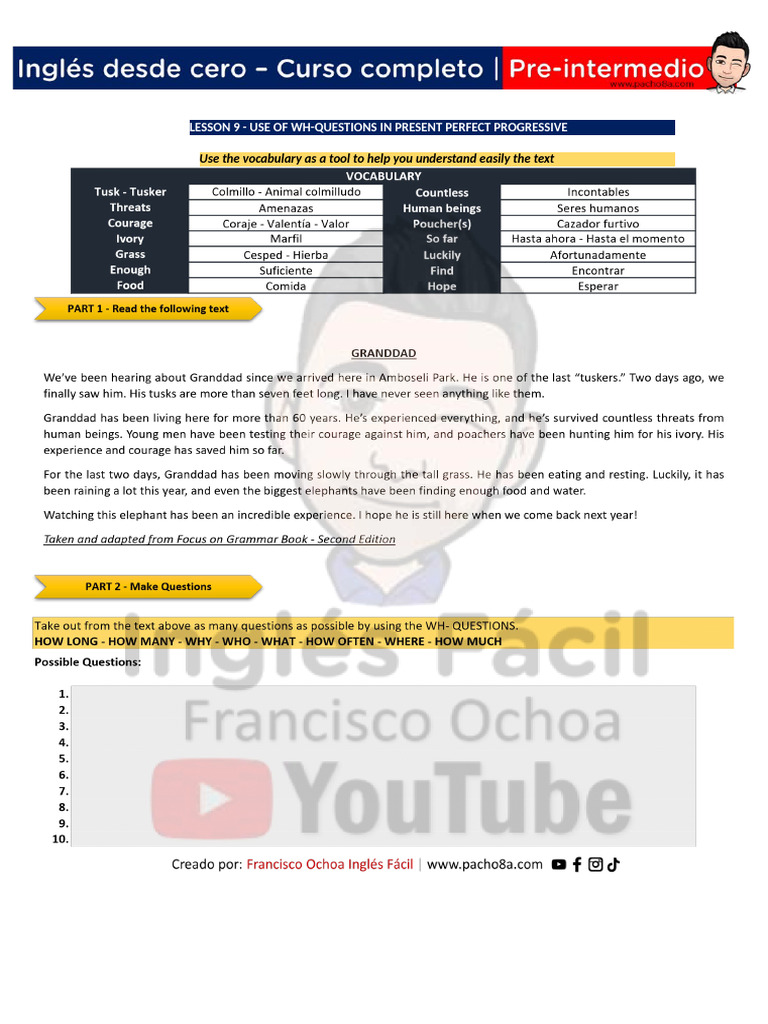 WH-Questions in Present Perfect Progressive | PDF | Elephant