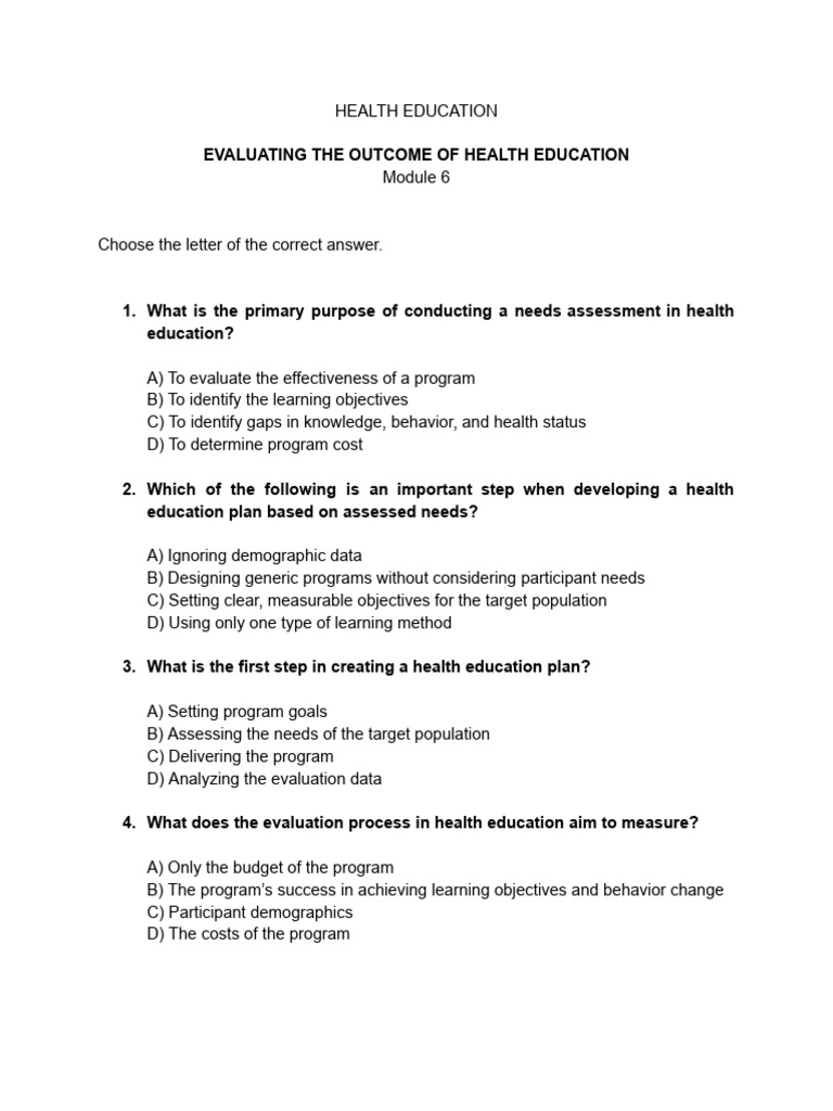 Evaluating The Outcome of Health Education 20 Items Multiple Choice 1 ...