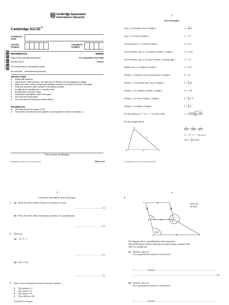 Cambridge IGCSE: MATHEMATICS 0580/02 | PDF | Area | Geometric Shapes