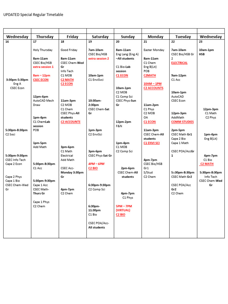 Updated Special Timetable for Exams | PDF | Christian Worship And ...