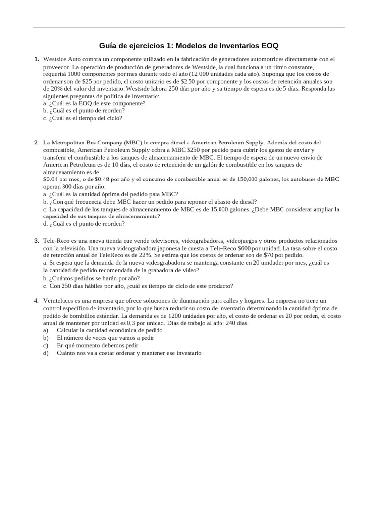 Ejercicios Modelo EOQ | PDF