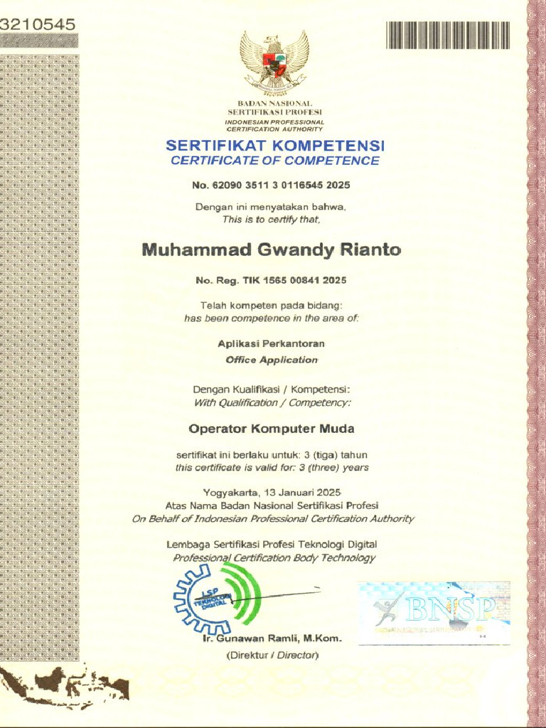 Sertifikat BNSP Operator Computer Muda - M Gwandy Rianto | PDF
