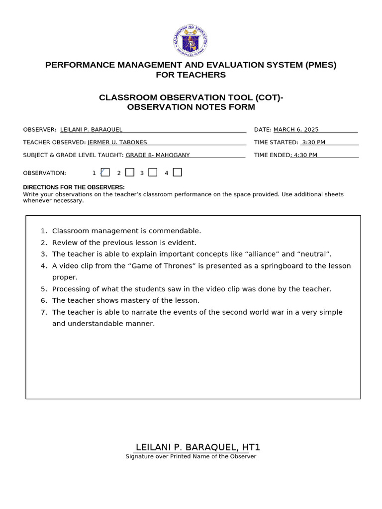 Tabones Cot Observation Notes Form | PDF