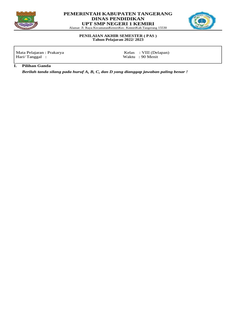 Soal PAS Prakarya Kelas 8 Semester 1 Tahun Ajaran 2023-2024 | PDF