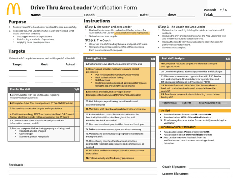 Drive Thru Area Leader US Verification Form en | PDF