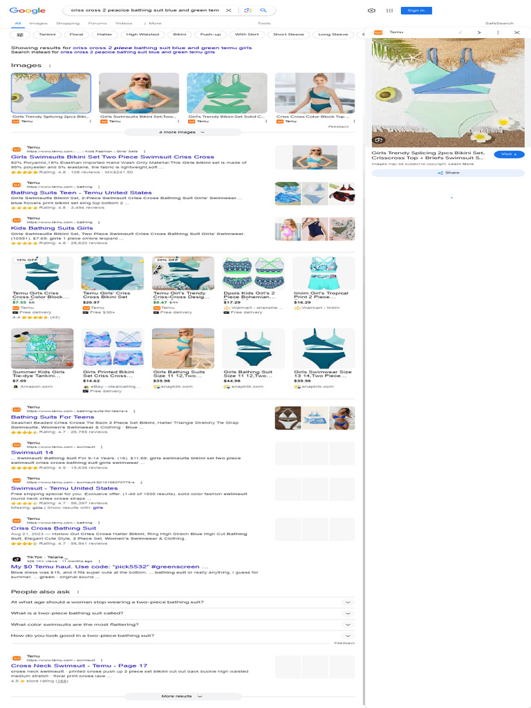 criss cross 2 peacice bathing suit blue and green temu girls - Google ...