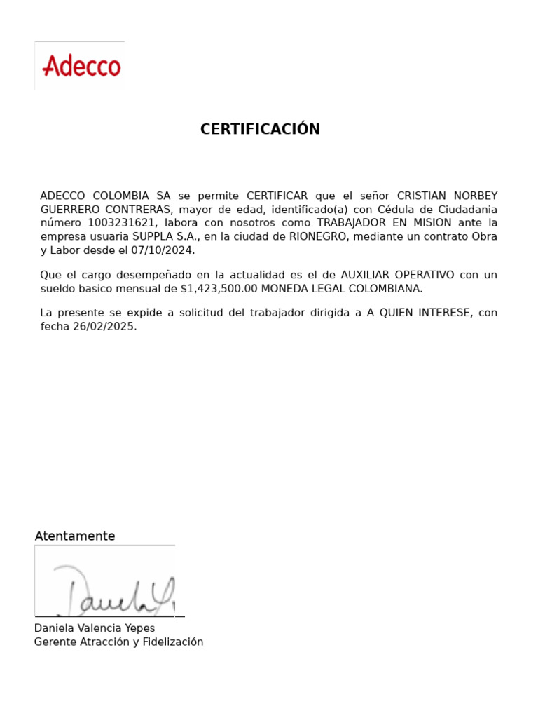 Certificación Laboral Adecco Colombia | PDF