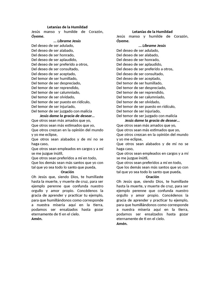 Letanías de la Humildad y Oración | PDF | Oración | Creencia religiosa ...