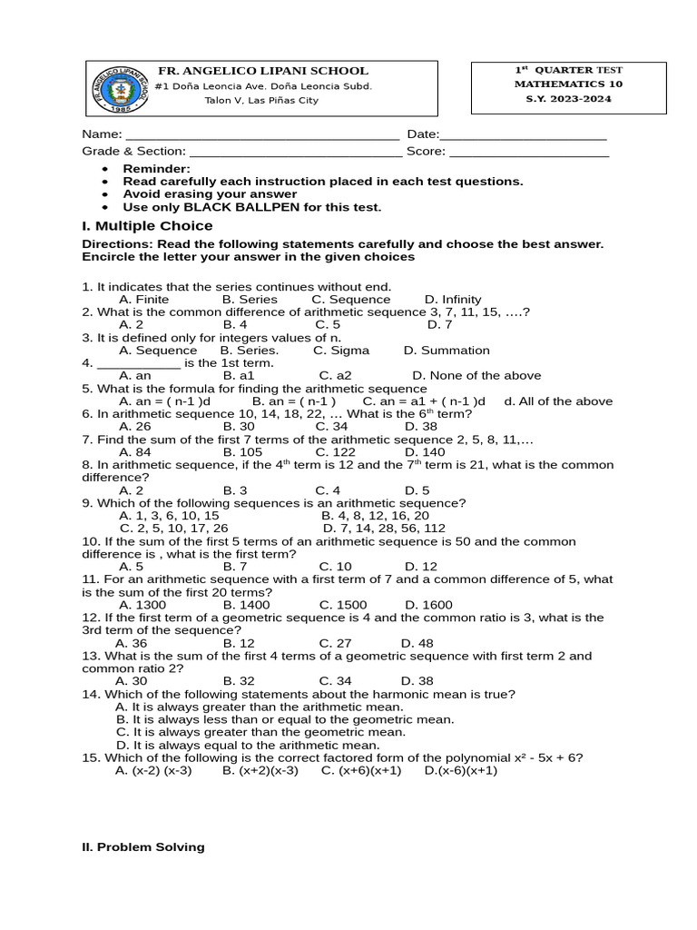 1st QUARTER Test - Grade 10 | PDF | Mean | Summation