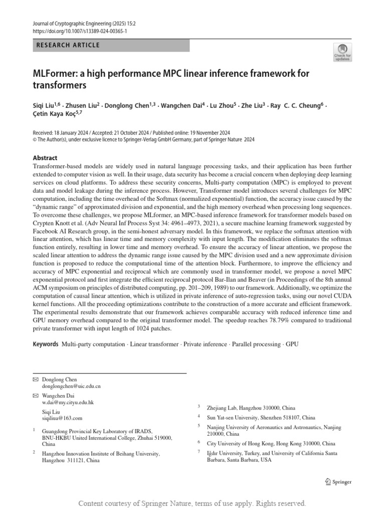 MLFormer A High Performance MPC Linear Inference F | PDF | Applied Mathematics