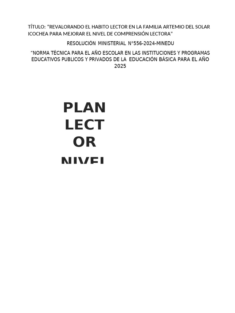 Plan Lector 2025 En Artemio Del Solar Pdf Educación Primaria