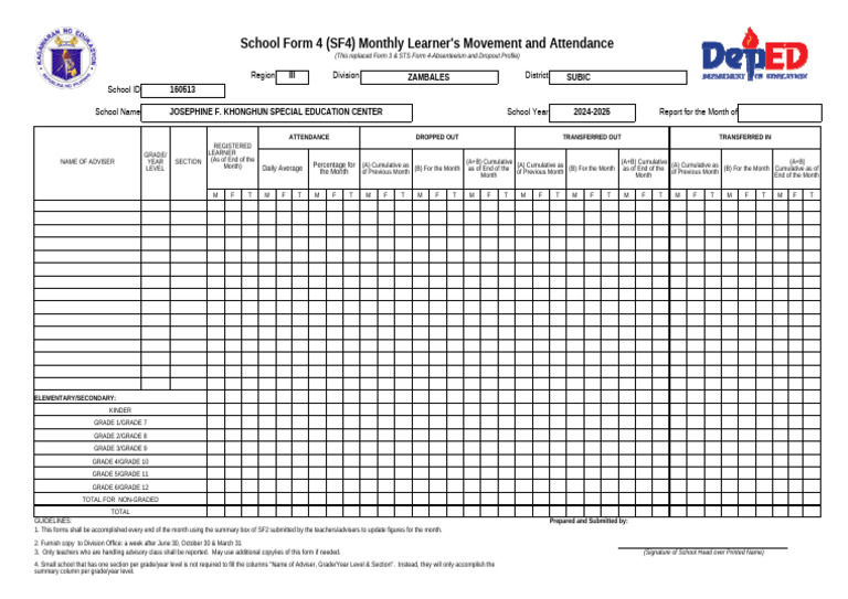 SF4 Monthly Learner Movement and Attendance | PDF