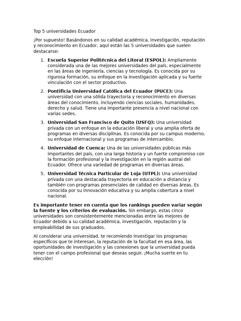 Top 5 Universidades Ecuador | PDF
