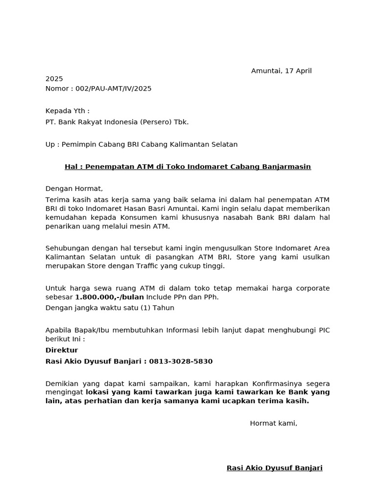 Surat Permohonan ATM Indomaret | PDF