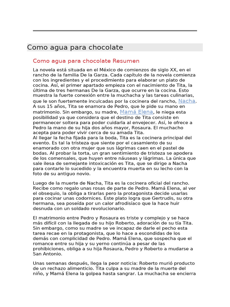 Resumen de "Como agua para chocolate" | PDF