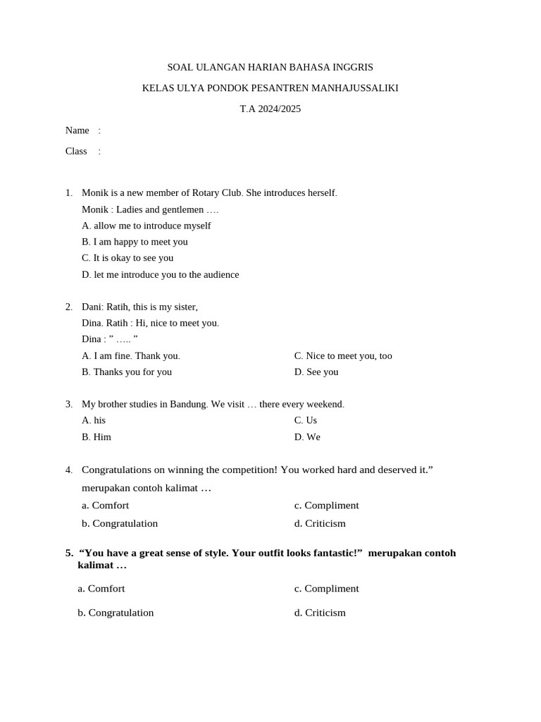 Soal Ulangan Harian Bahasa Inggris Kelas Ulya | PDF