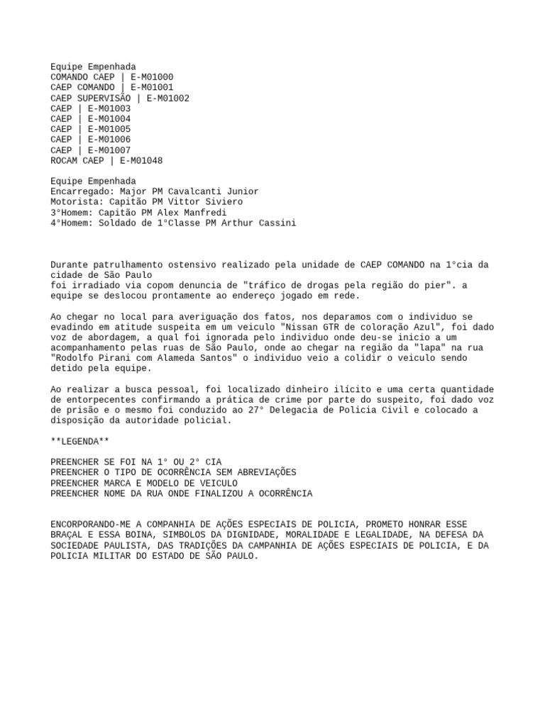 Modelo de Preenchimento de BOPM - Padrão CAEP | PDF