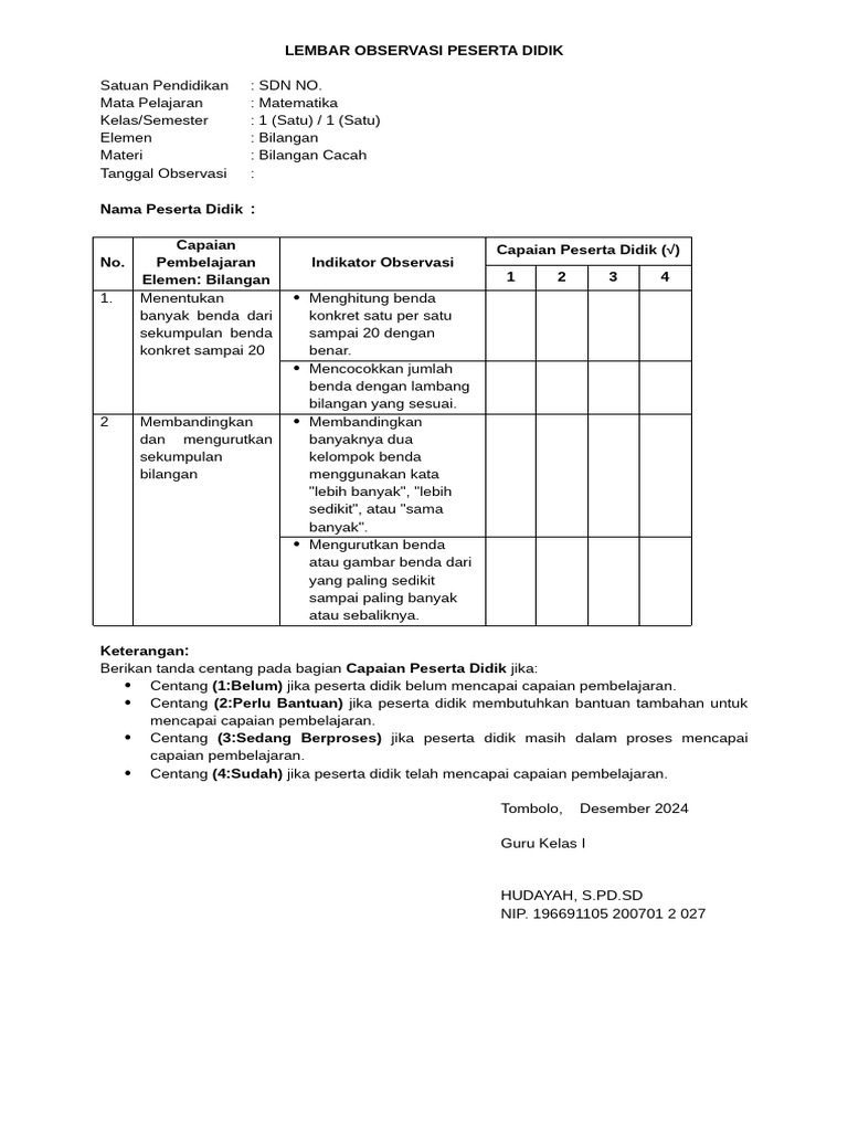 Contoh LEMBAR OBSERVASI PESERTA DIDIK | PDF