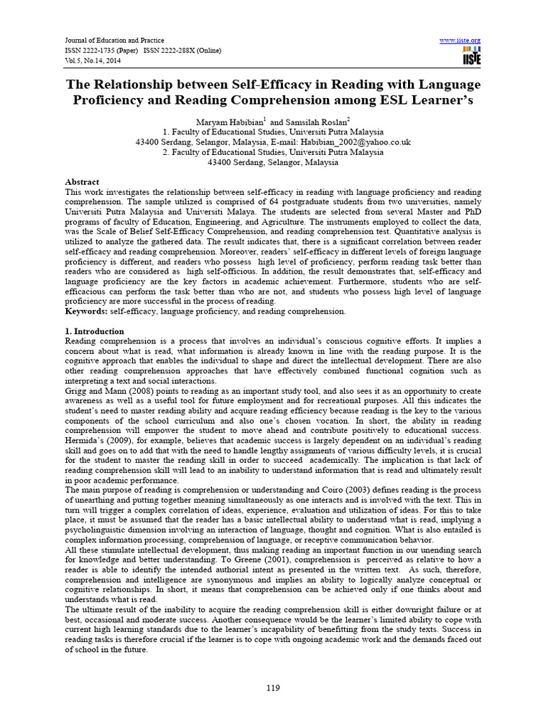 The Relationship Between Self-Efficacy in Reading With Language | PDF ...
