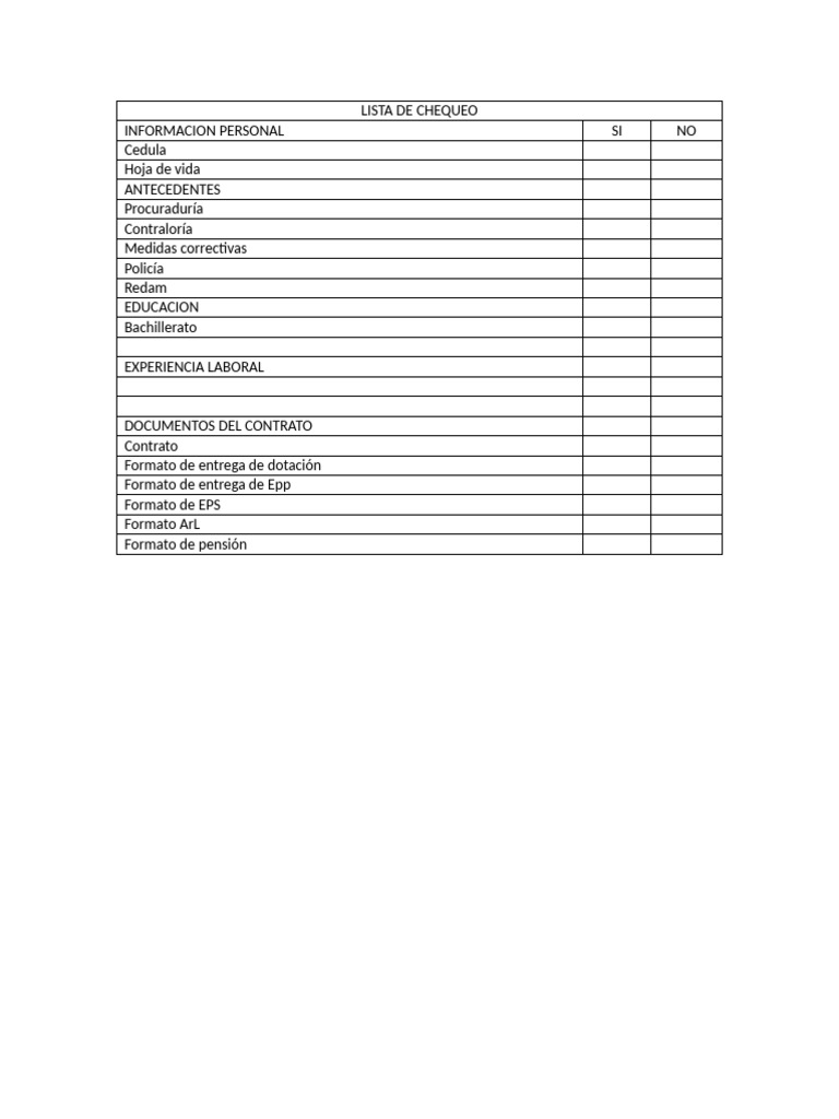 Lista de Chequeo para Vinculación Laboral | PDF