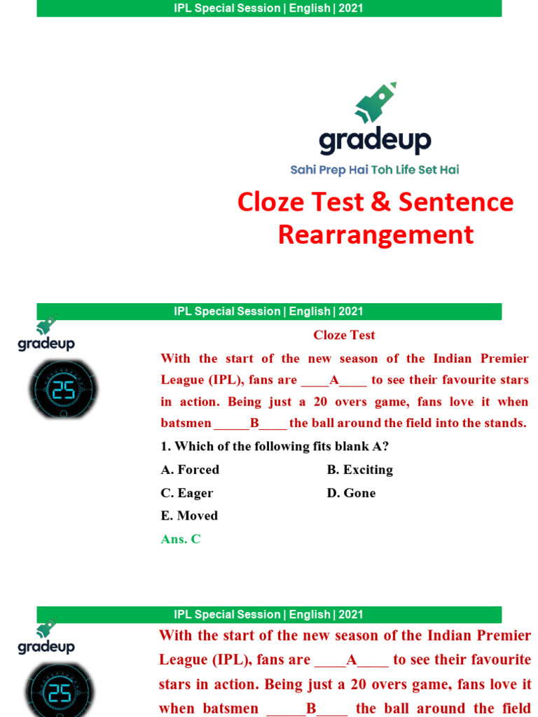 Cloze test & Sentence arrangements | PDF | Cricket | Ball And Bat Games