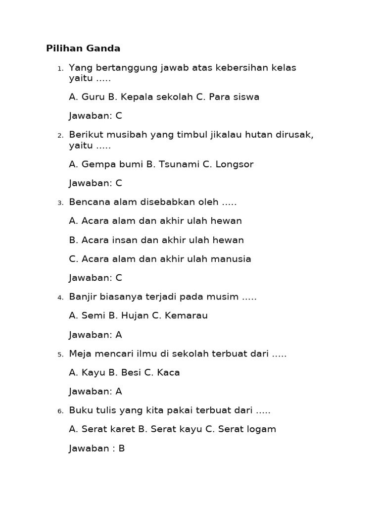Contoh Soal PLH Kelas 2 Semester 1 | PDF