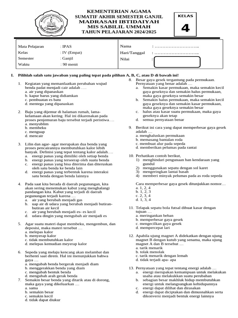 Soal Sas 1 Ipas Kelas 4 2024-2025 | PDF