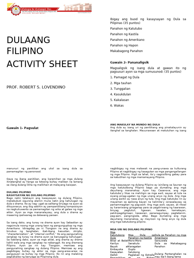 Dulaang Filipino-Activity Sheet 1 | PDF