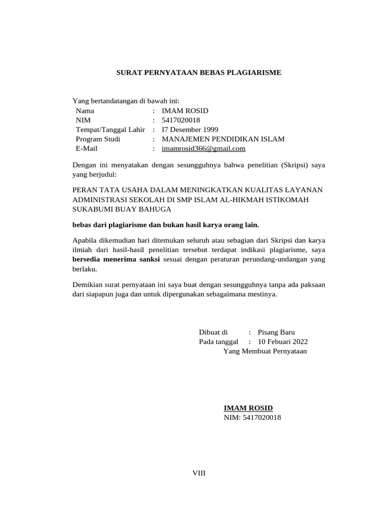 Surat Pernyataan Bebas Plagiarisme | PDF