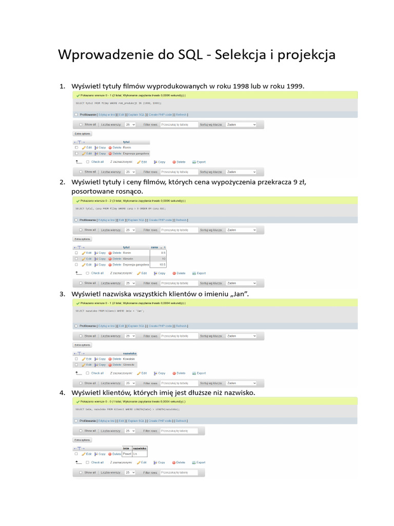 Wprowadzenie Do SQL - Selekcja I Projekcja | PDF