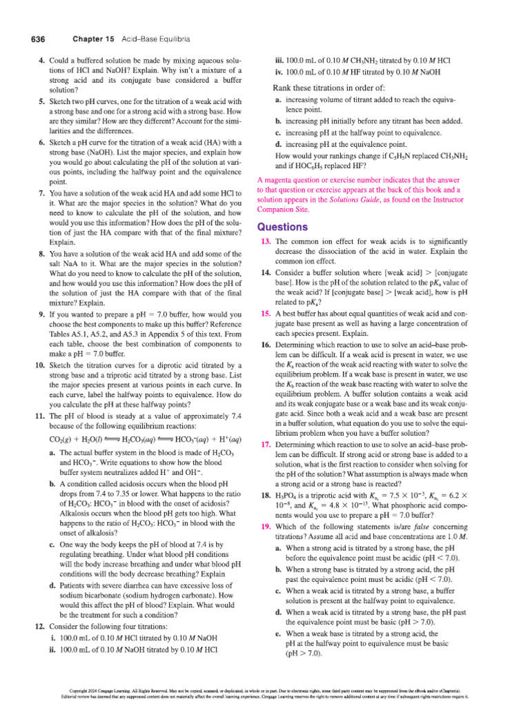 Chapter 15 Textbook Problems (Buffers & Titrations) | PDF