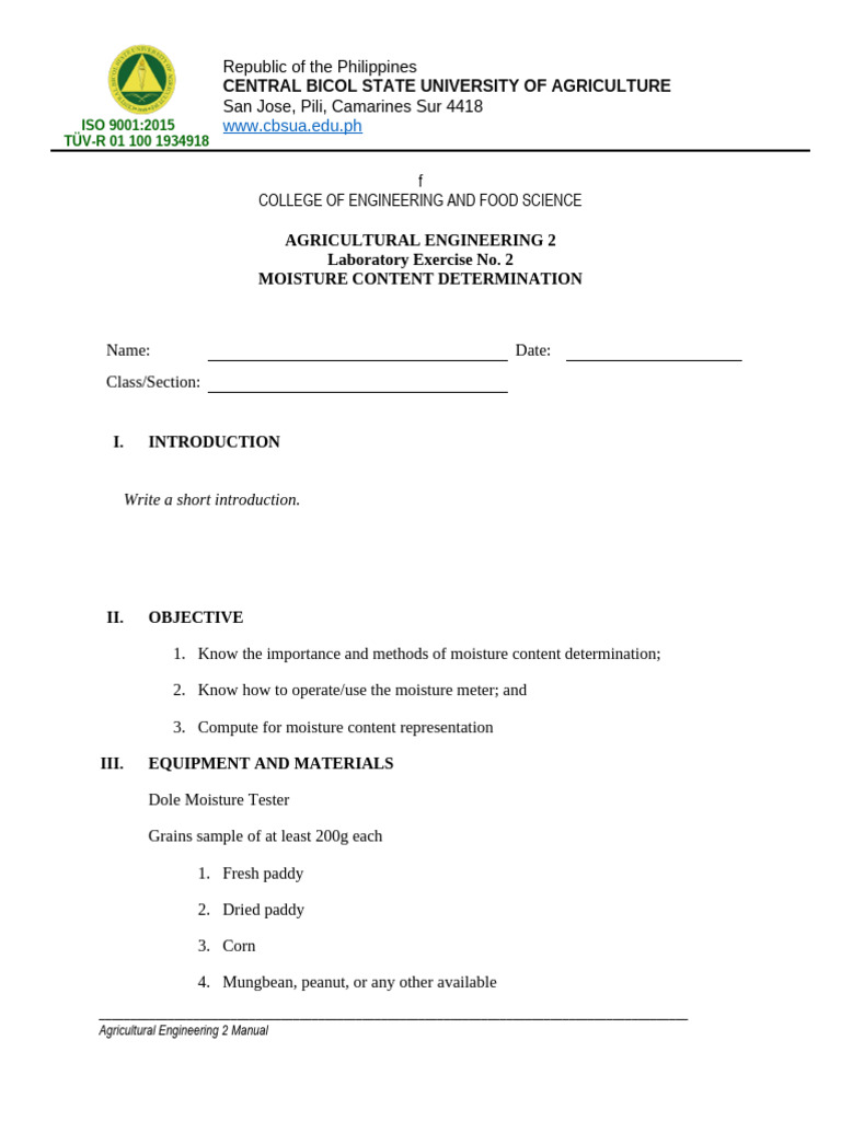 Lab Exercise No. 2 Moisture Content Determination | PDF
