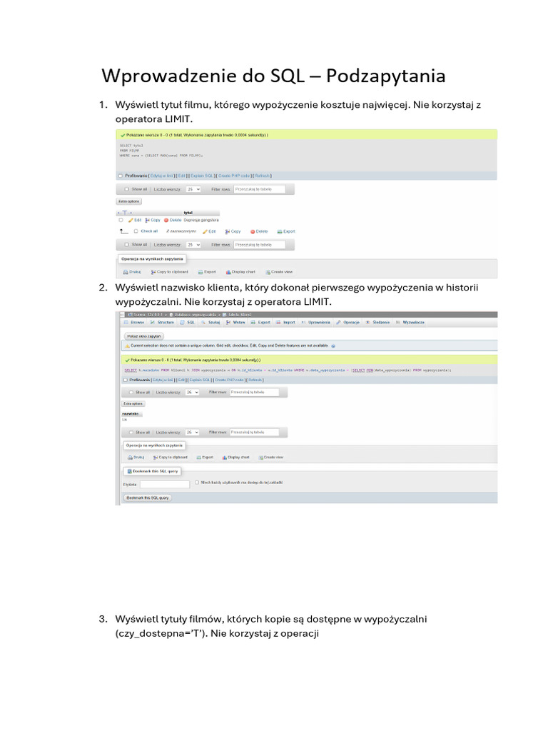 Wprowadzenie Do SQL Podzapytania: 1. Operatora LIMIT | PDF