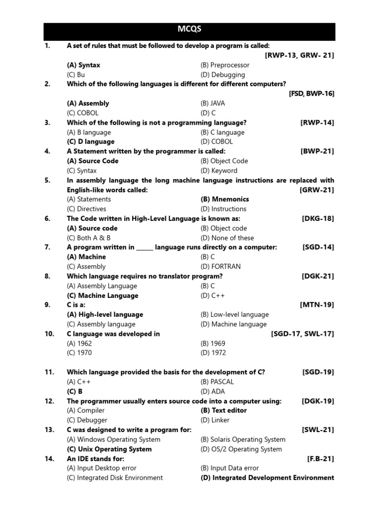 Chapter No.8 Past Paper MCQs, S and L Questions (2nd Year) | PDF | Computer Program | Programming