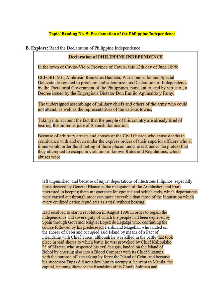 Reading No. 5 Proclamation of The Philippine Independence 1 | PDF ...