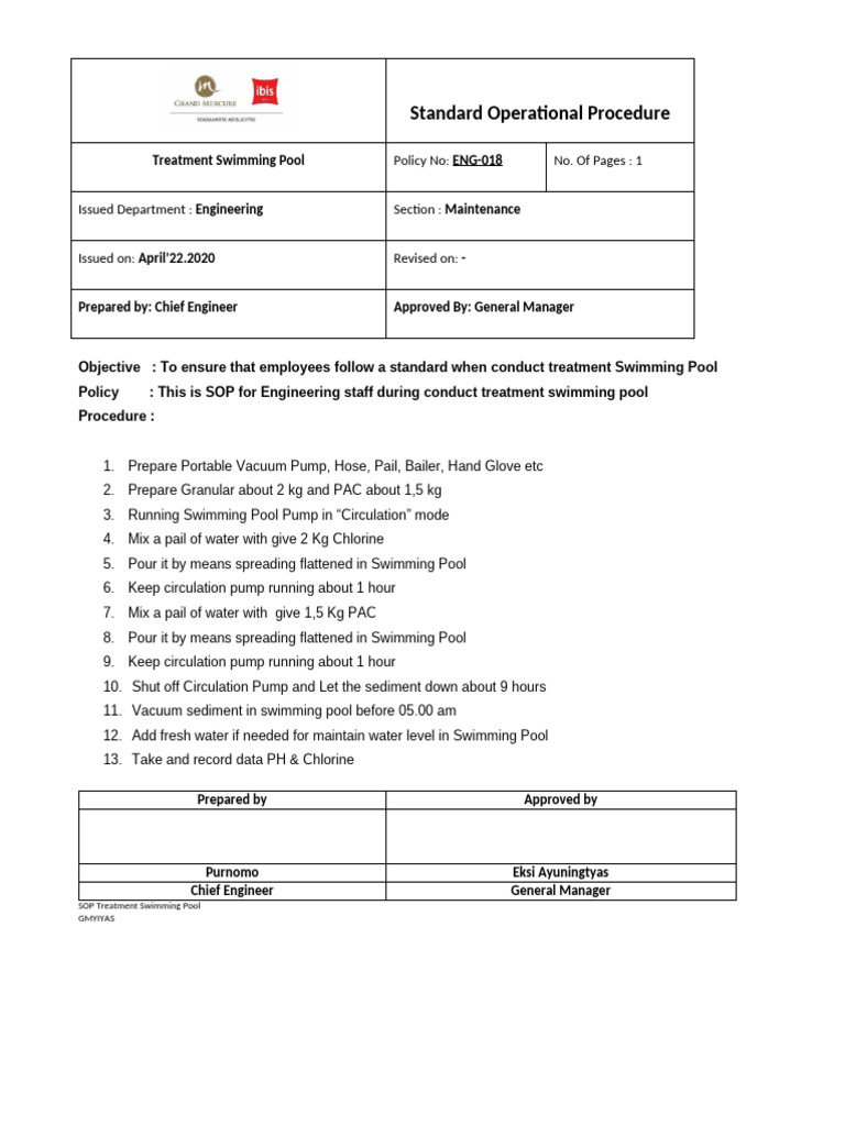SOP - Treatment Swimming Pool | PDF