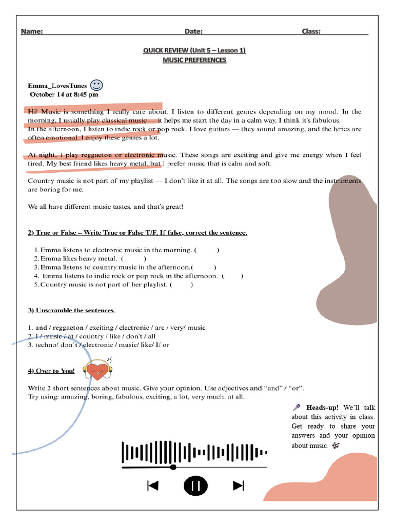 Worksheet 1 - Unit 5 - Lesson 1 | PDF