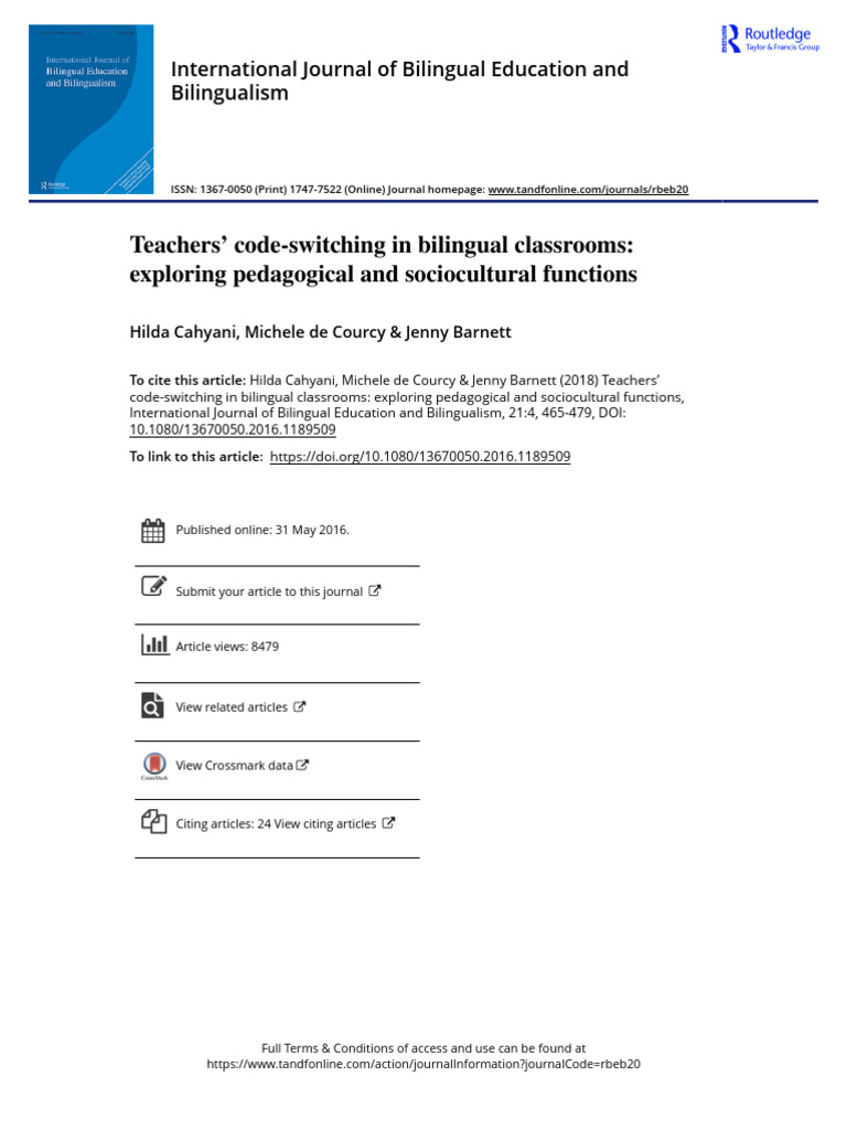 Teachers Code-Switching in Bilingual Classrooms Exploring Pedagogical and Sociocultural ...
